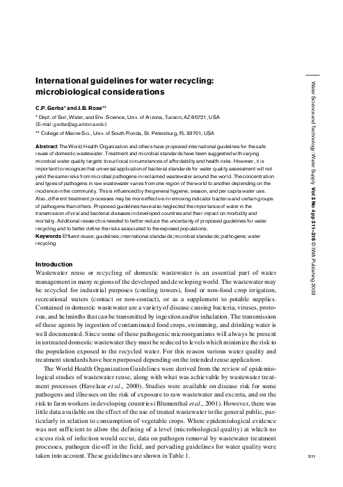 (PDF) International guidelines for water recycling: microbiological ...