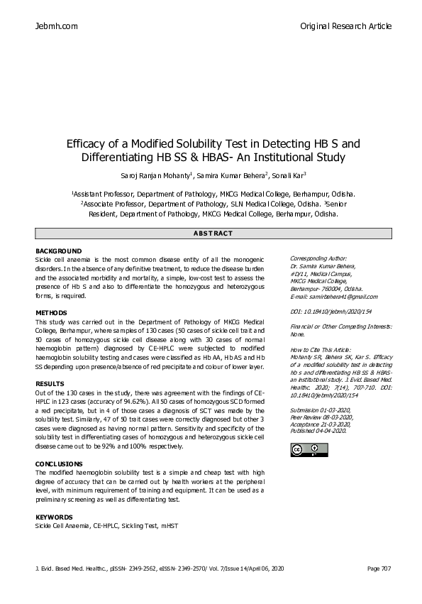 (PDF) Efficacy of a Modified Solubility Test in Detecting HB S and ...