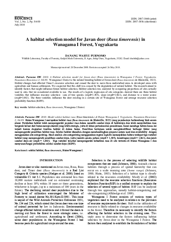 (PDF) A habitat selection model for Javan deer (Rusa timorensis) in ...