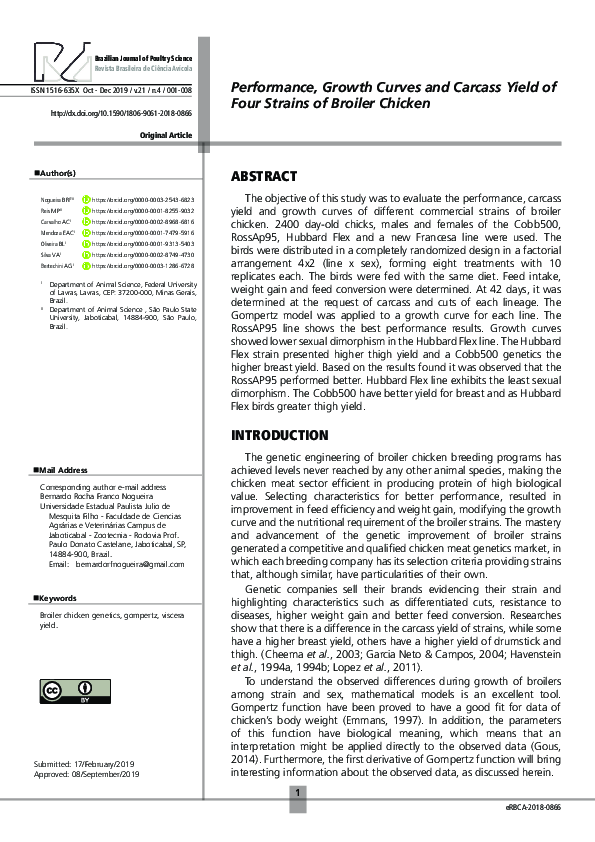(PDF) Performance, Growth Curves and Carcass Yield of Four Strains of ...