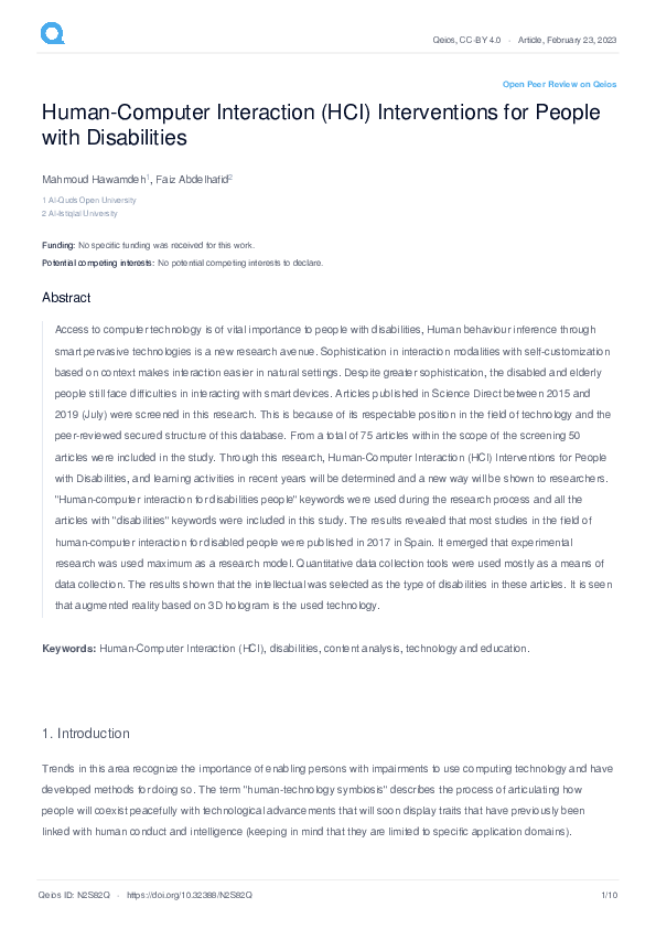 (PDF) Human-Computer Interaction (HCI) Interventions for People with Disabilities