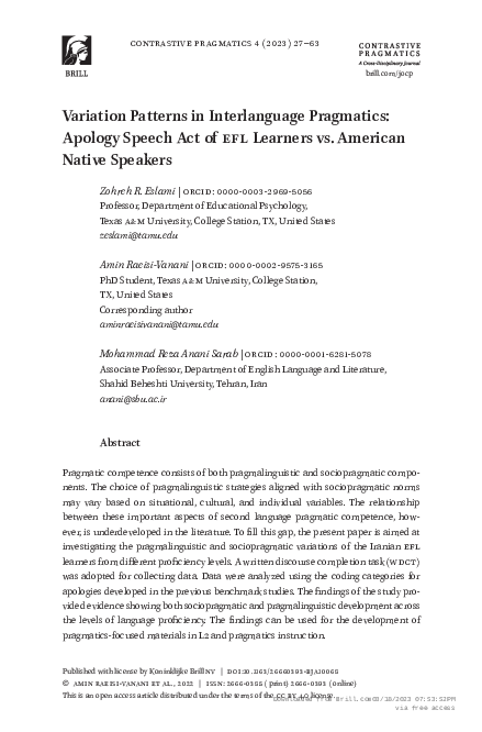 (PDF) Variation Patterns in Interlanguage Pragmatics: Apology Speech ...