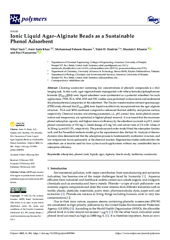 (PDF) Ionic Liquid Agar–Alginate Beads as a Sustainable Phenol Adsorbent
