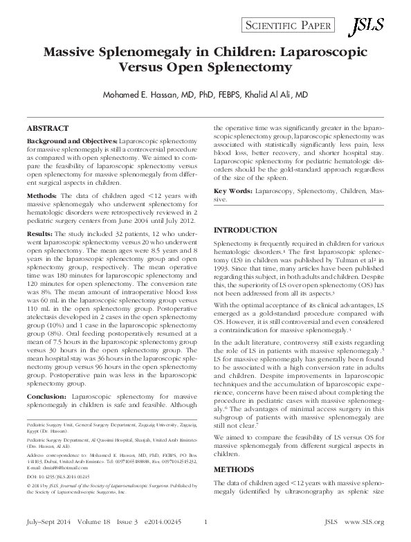 (PDF) Massive Splenomegaly in Children: Laparoscopic Versus Open ...