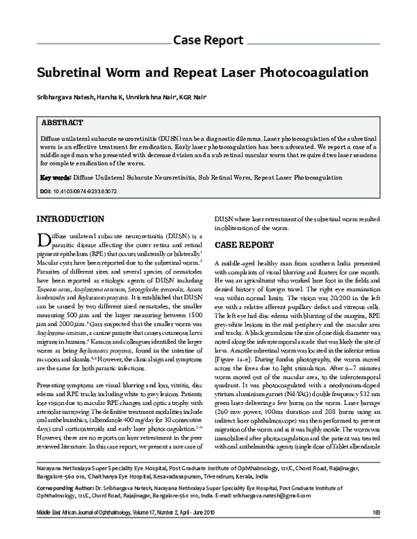 (PDF) Subretinal worm and repeat laser photocoagulation