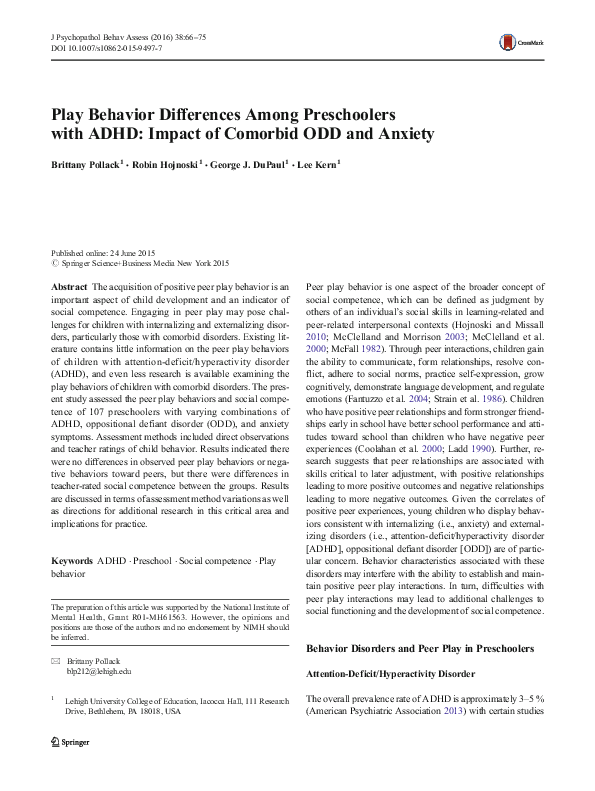 (PDF) Play Behavior Differences Among Preschoolers with ADHD: Impact of ...