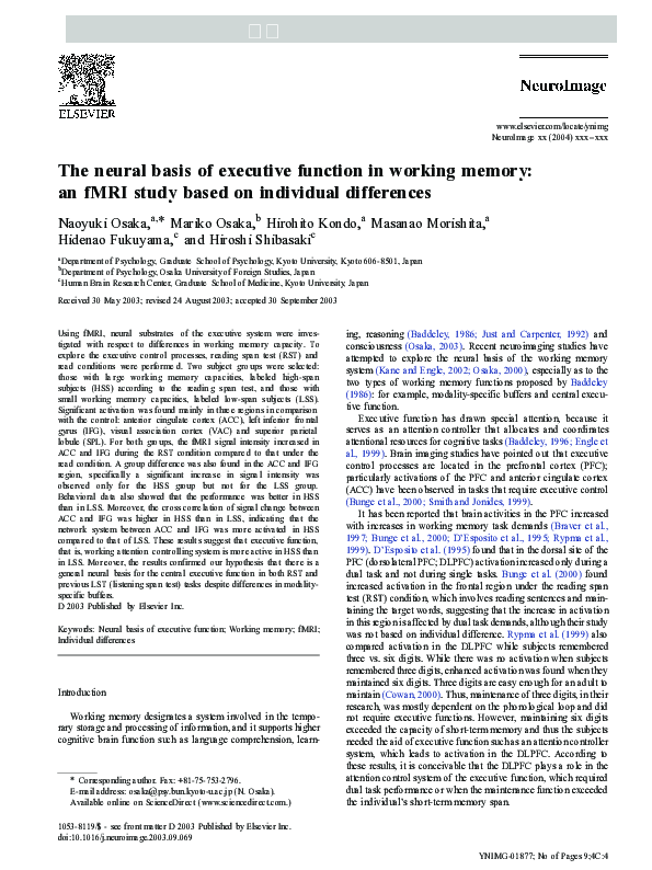 (PDF) The neural basis of executive function in working memory: an fMRI study based on ...