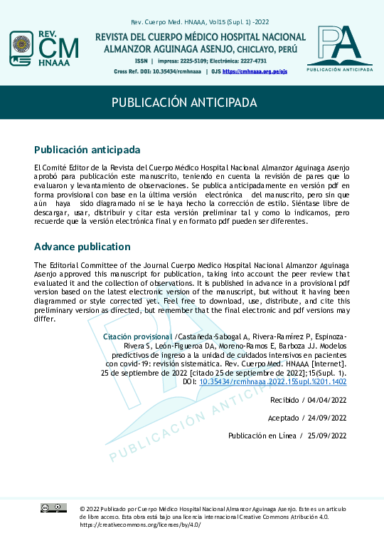 (PDF) Modelos predictivos de ingreso a la unidad de cuidados intensivos ...