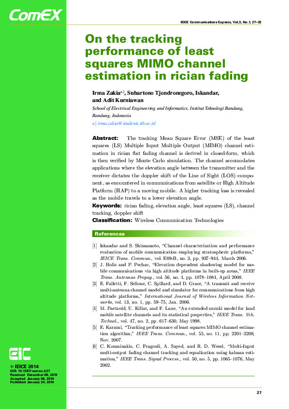 (PDF) On the tracking performance of least squares MIMO channel estimation in rician fading