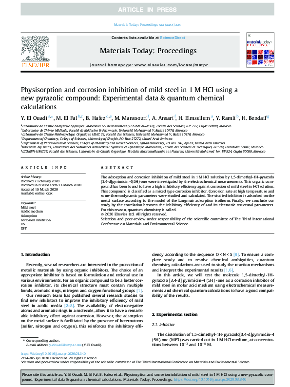 (PDF) Physisorption and corrosion inhibition of mild steel in 1 M HCl ...