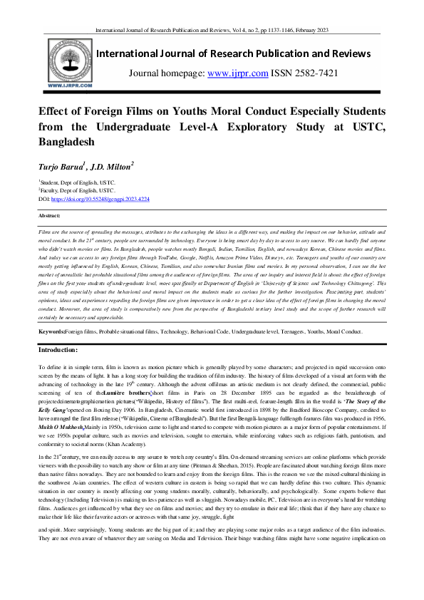 (PDF) Effect of Foreign Films on Youths Moral Conduct Especially ...