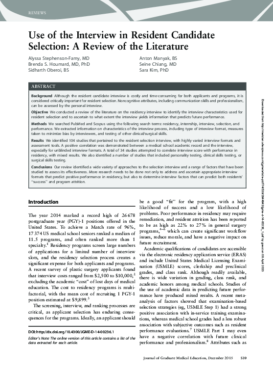(PDF) Use of the Interview in Resident Candidate Selection: A Review of ...