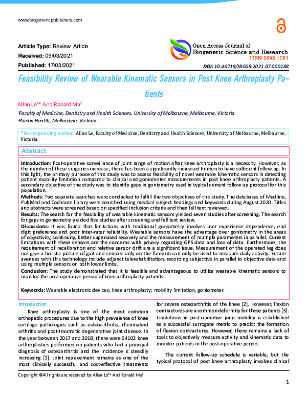 (PDF) Feasibility Review of Wearable Kinematic Sensors in Post Knee Arthroplasty Patients