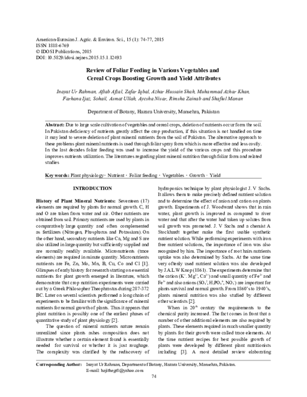 Pdf Review Of Foliar Feeding In Various Vegetables And Cereal Crops Boosting Growth And Yield