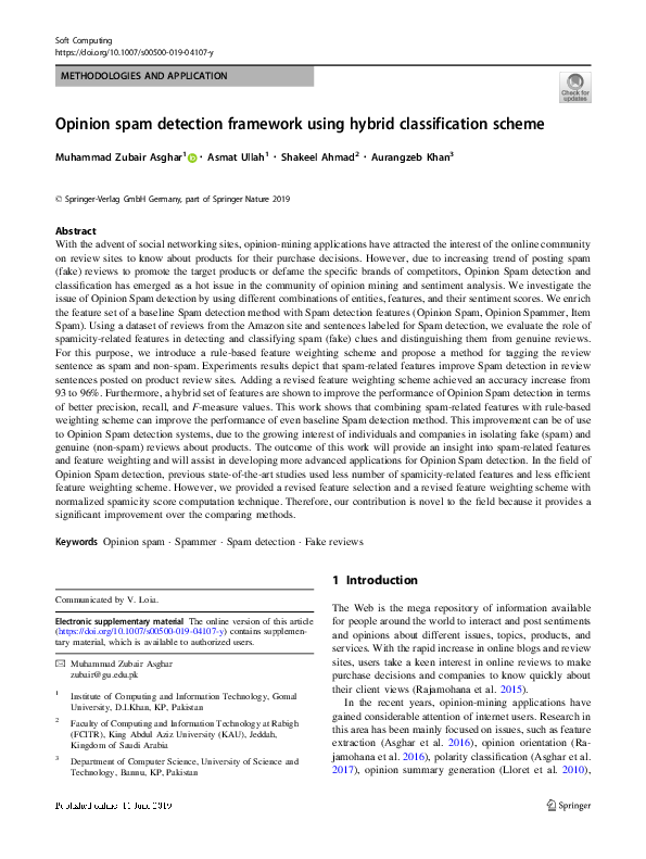 Pdf Opinion Spam Detection Framework Using Hybrid Classification Scheme Asmat Ullah 786