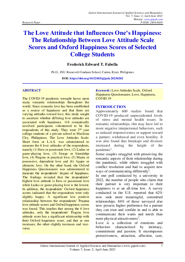 (PDF) The Love Attitude that Influences One's Happiness: The ...