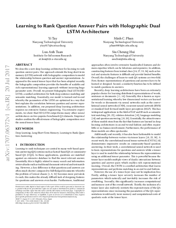 (PDF) Learning to Rank Question Answer Pairs with Holographic Dual LSTM Architecture