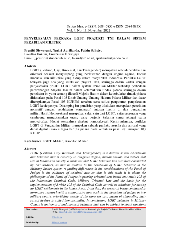 (PDF) Penyelesaian Perkara LGBT Prajurit TNI dalam Sistem Peradilan Militer