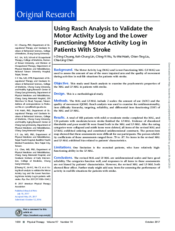 (PDF) Using Rasch Analysis to Validate the Motor Activity Log and the ...