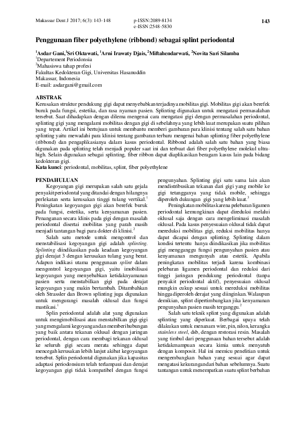 (PDF) Penggunaan fiber polyethylene (ribbond) sebagai splint periodontal