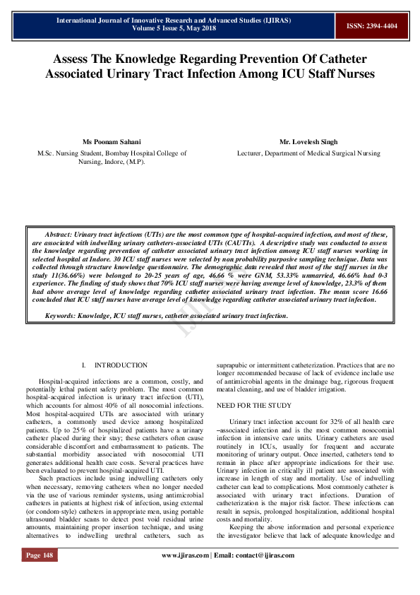 (PDF) Assess The Knowledge Regarding Prevention Of Catheter Associated ...