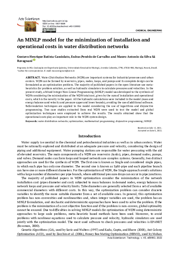(PDF) An MINLP model for the minimization of installation and operational costs in water ...