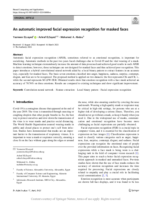 (PDF) An automatic improved facial expression recognition for masked faces