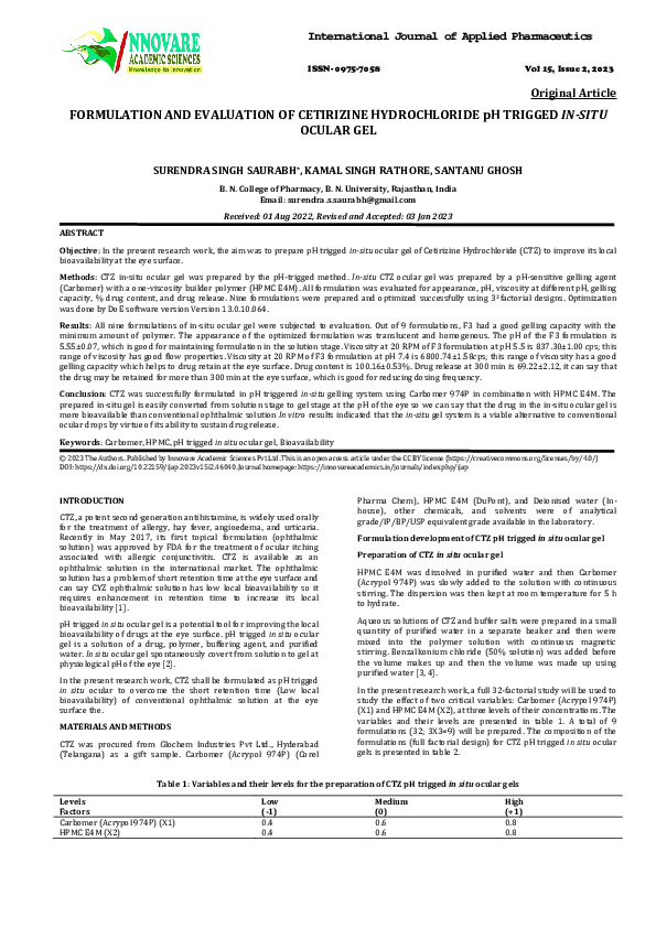 (PDF) FORMULATION AND EVALUATION OF CETIRIZINE HYDROCHLORIDE pH TRIGGED ...