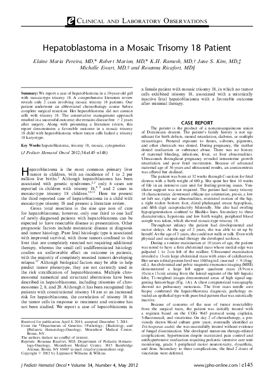 (PDF) Hepatoblastoma in a Mosaic Trisomy 18 Patient | Michelle Ewart ...