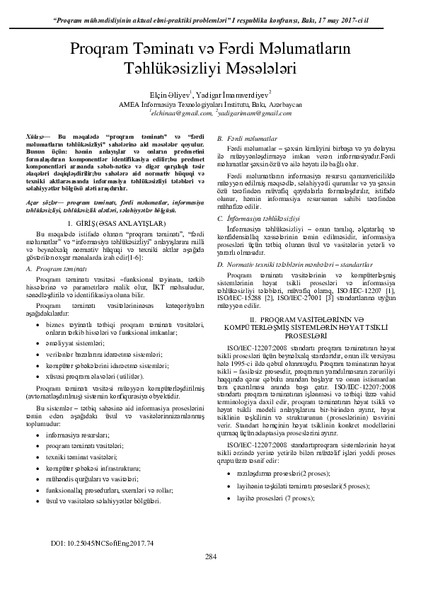 (PDF) Proqram təminatı və fərdi məlumatların təhlükəsizliyi məsələləri