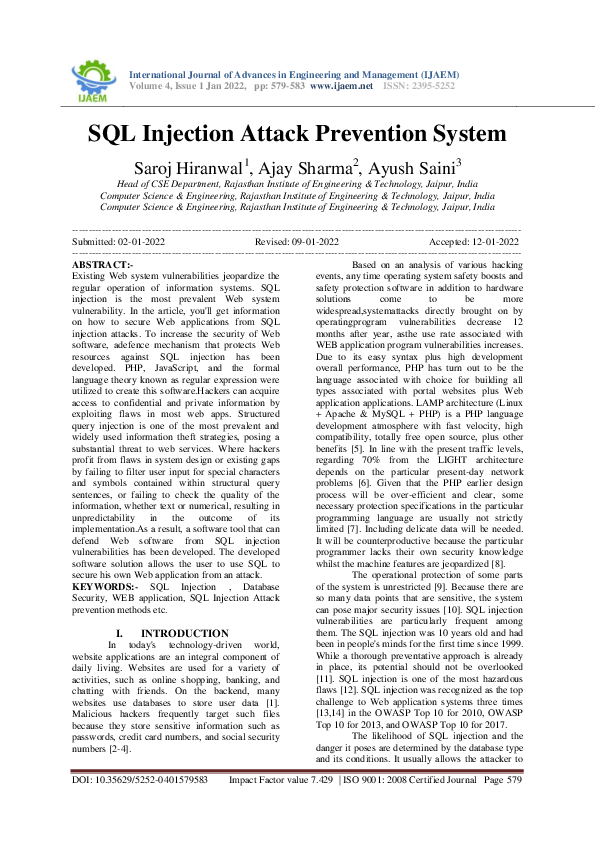 (PDF) SQL Injection Attack Prevention System (PDF) SQL Injection Attack Prevention System