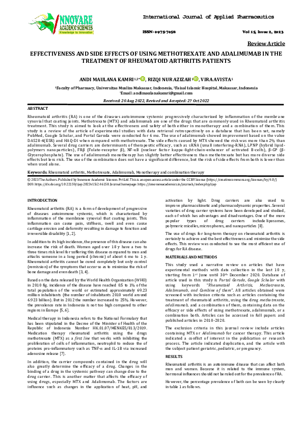 (PDF) EFFECTIVENESS AND SIDE EFFECTS OF USING METHOTREXATE AND ADALIMUMAB IN THE TREATMENT OF ...