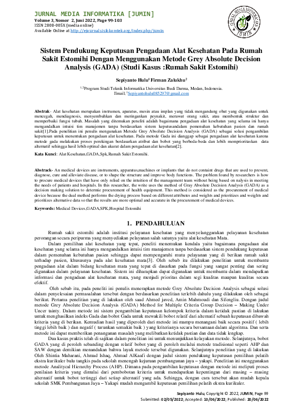 (PDF) Sistem Pendukung Keputusan Pengadaan Alat Kesehatan Pada Rumah Sakit Estomihi Dengan ...