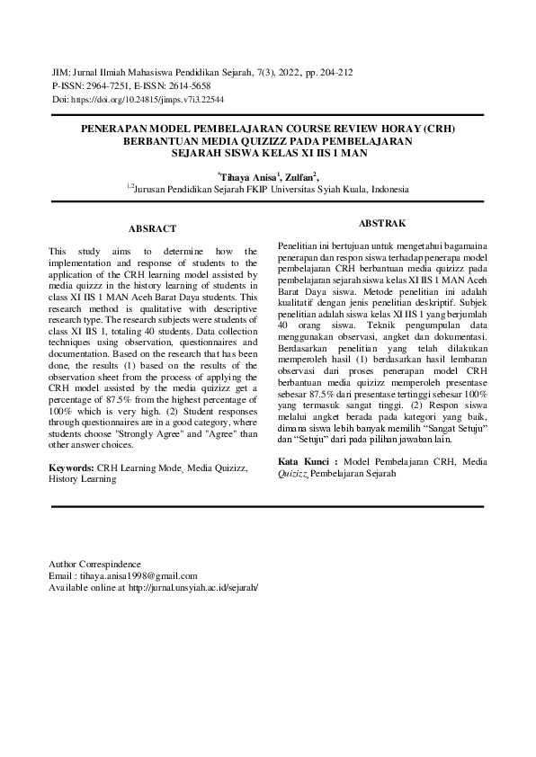 Pdf Penerapan Model Pembelajaran Course Review Horay Crh Berbantuan