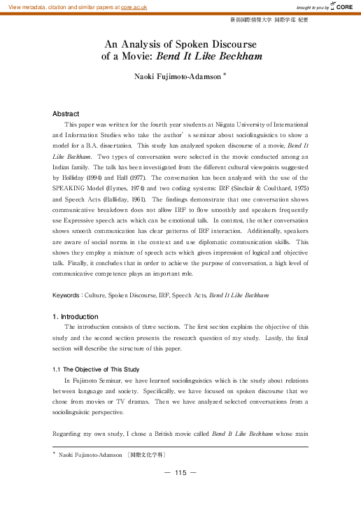 (PDF) An Analysis of Spoken Discourse of a Movie: Bend It Like Beckham