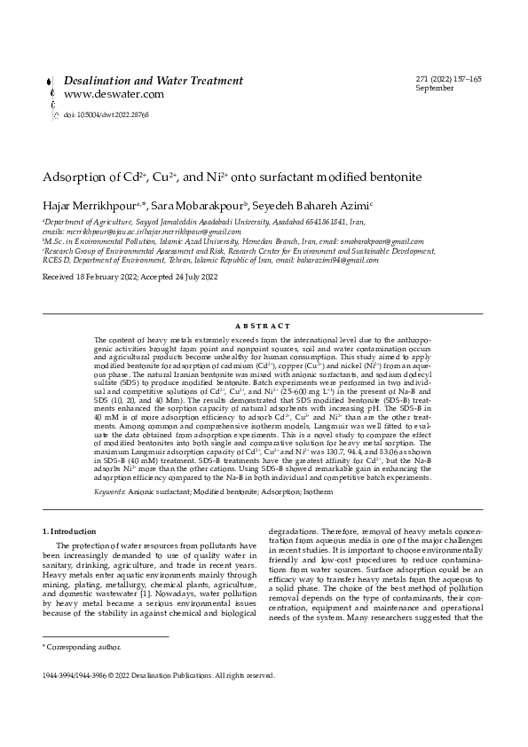 (PDF) Adsorption of Cd2+, Cu2+, and Ni2+ onto surfactant modified bentonite