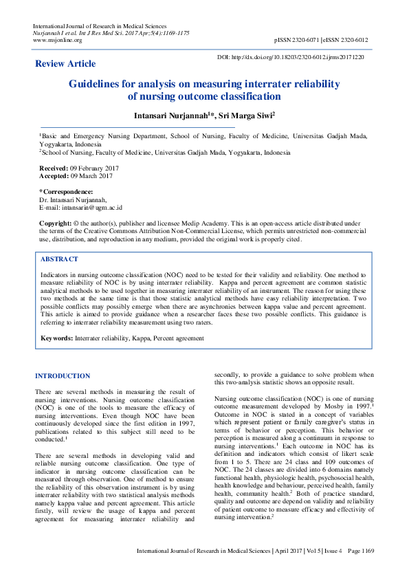 (PDF) Guidelines for analysis on measuring interrater reliability of nursing outcome classification