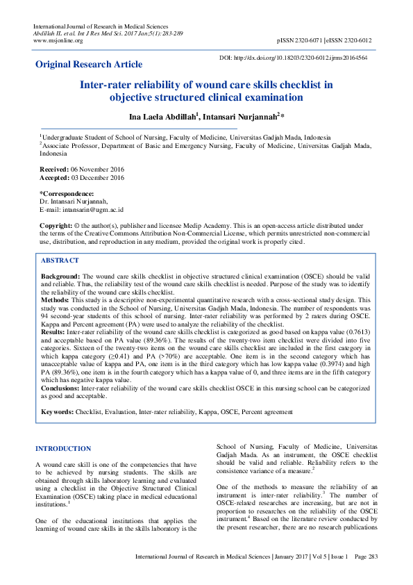 (PDF) Inter-rater reliability of wound care skills checklist in ...