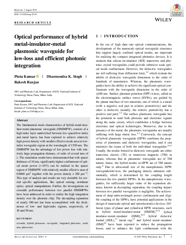 (PDF) Efficient Hybrid Plasmonic Waveguide Design