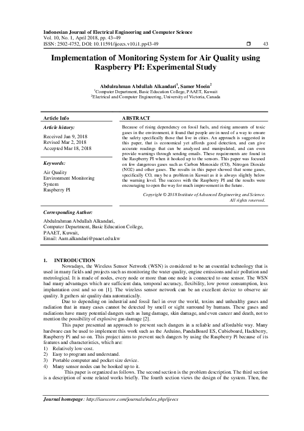 (PDF) Implementation of Monitoring System for Air Quality using Raspberry PI: Experimental Study