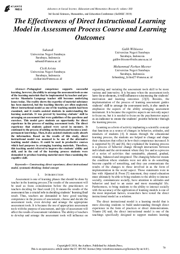 (PDF) The Effectiveness of Direct Instructional Learning Model in ...