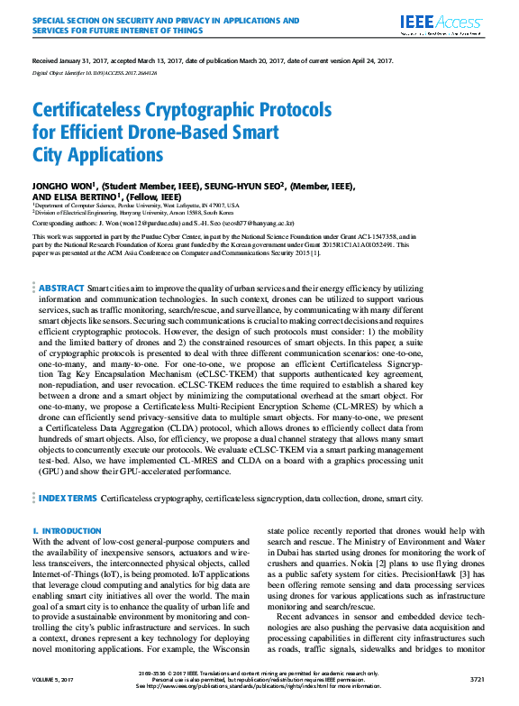 (PDF) Certificateless Cryptographic Protocols for Efficient Drone-Based Smart City Applications