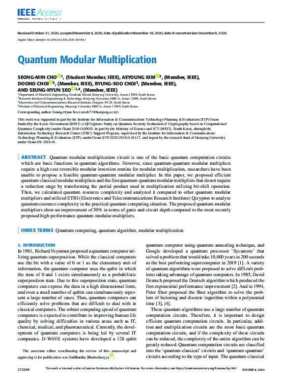 (PDF) Quantum Modular Multiplication | Seung-Hyun Seo - Academia.edu