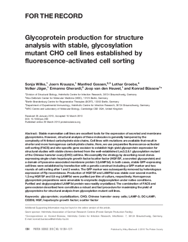(PDF) Glycoprotein production for structure analysis with stable, glycosylation mutant CHO cell ...