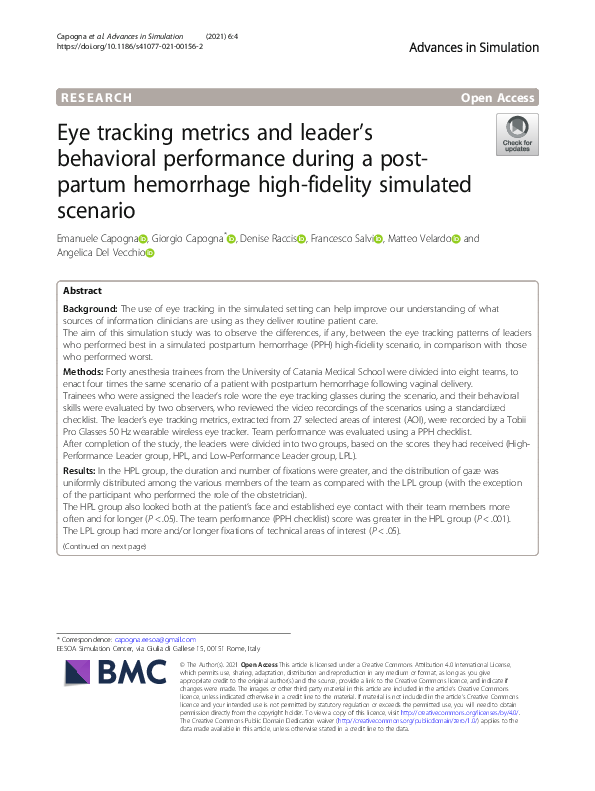 (PDF) Eye tracking metrics and leader’s behavioral performance during a post-partum hemorrhage ...