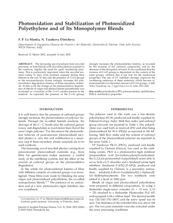 (PDF) Photooxidation and stabilization of photooxidized polyethylene ...