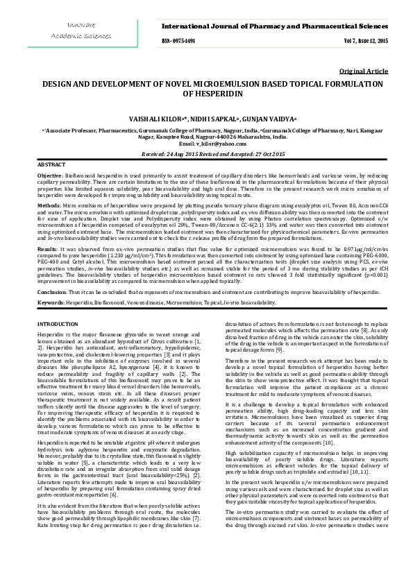 Pdf Design And Development Of Novel Microemulsion Based Topical Formulation Of Hesperidin
