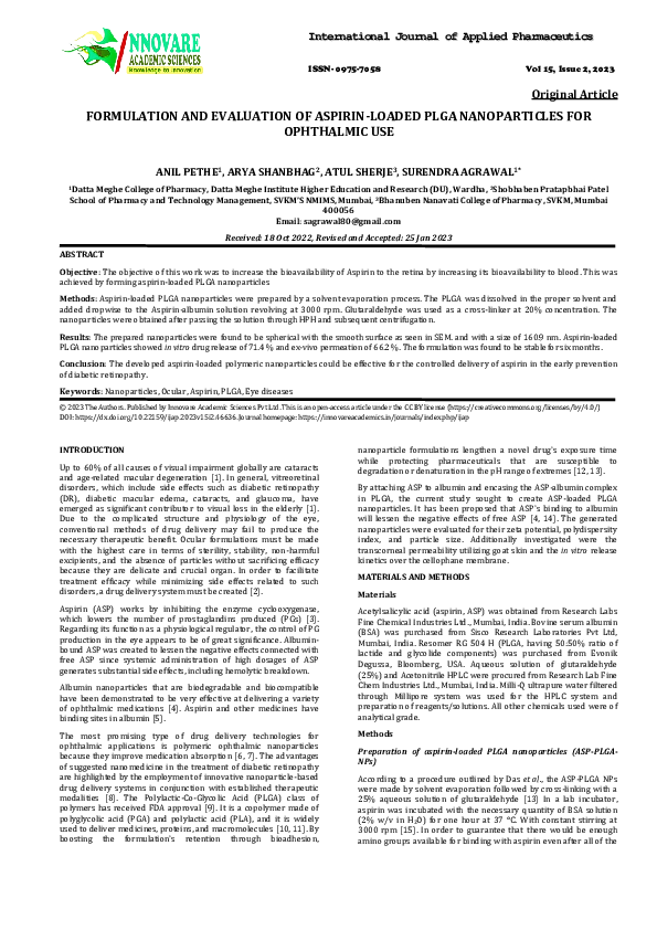 (PDF) FORMULATION AND EVALUATION OF ASPIRIN-LOADED PLGA NANOPARTICLES ...