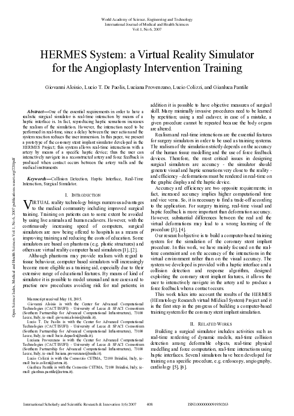 (PDF) Hermes System: A Virtual Reality Simulator For The Angioplasty ...