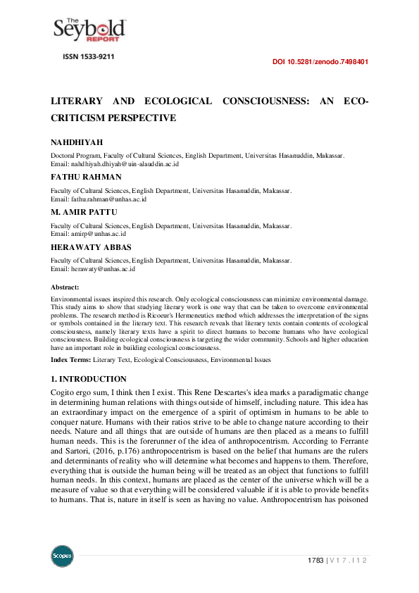 (PDF) Literary and Ecological Consciousness: An Eco-Criticism Perspective